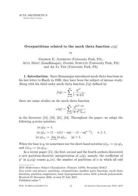 PDF Overpartitions Related To The Mock Theta Function Omega Q