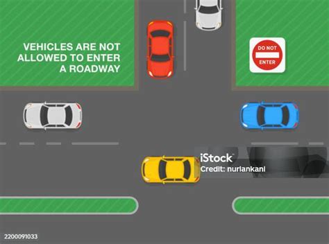 안전 운전 요령 및 교통 규제 규칙 미국 진입 금지 표지판 의미 트래픽 흐름의 평면도 차량은 도로에 진입할 수 없습니다 벡터 일러스트 템플릿입니다 경계 표지에 대한 스톡