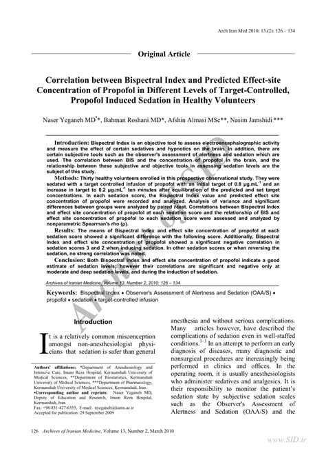 Pdf Correlation Between Bispectral Index And Predicted Effect Site Concentration Of Propofol