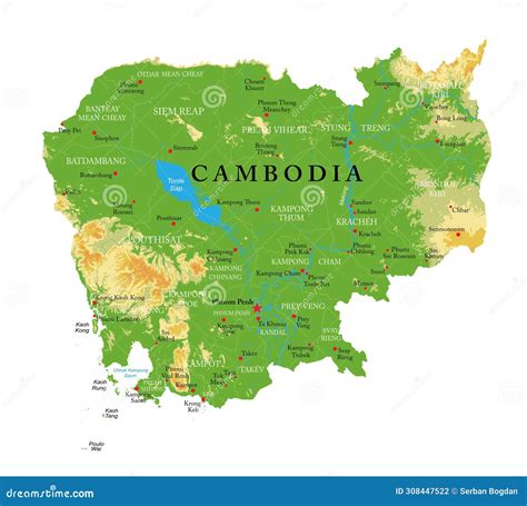 Cambodia Highly Detailed Physical Map Vector Illustration