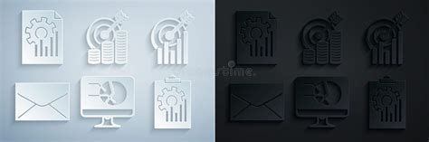 Set Computer Monitor With Graph Chart Target Envelope Clipboard Coin Symbol And Document
