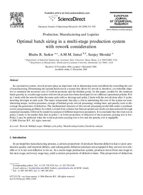 Pdf Optimal Batch Sizing With Rework Strategies