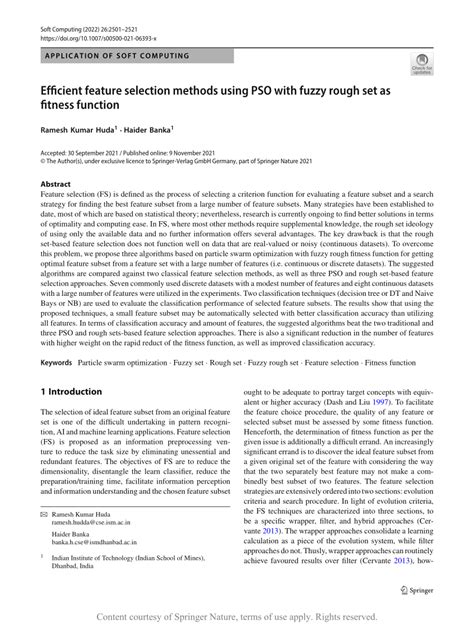Efficient Feature Selection Methods Using Pso With Fuzzy Rough Set As Fitness Function Request Pdf