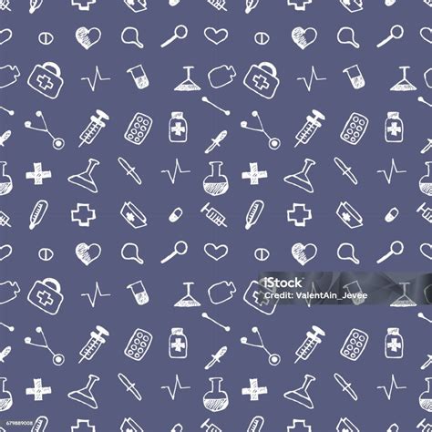 원활한 벡터 패턴 의료 도구 및 약 다채로운 환 약 주사기 온도계 가방 플라스 크 백색 혼란 배경 손 밑그림 그리기 의료의 시리즈와 손으로 그려 완벽 한 패턴 건강관리와