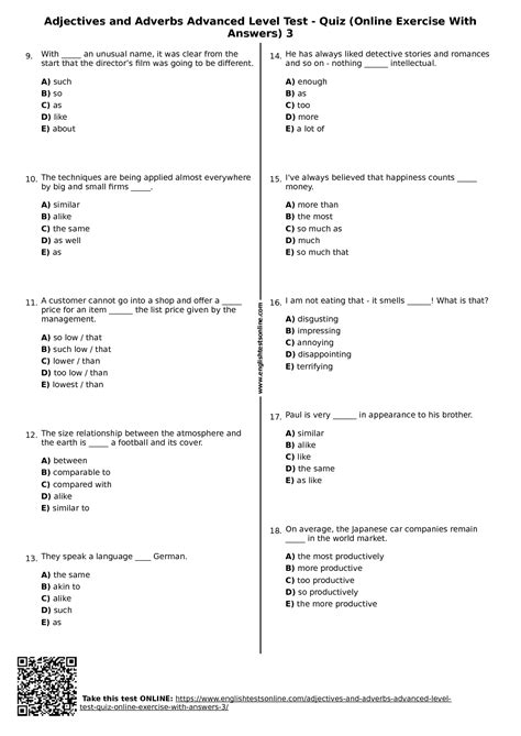 SOLUTION Adjectives And Adverbs Advanced Level Test Quiz Online Exercise With Answers