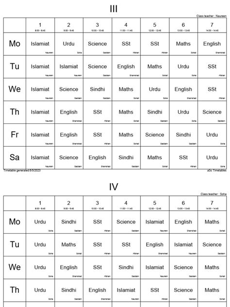 Time Table Class Pdf