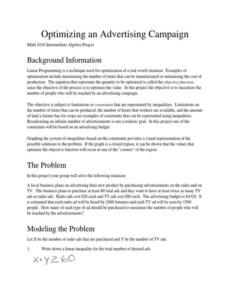 Math 1010 Project Pdf Linear Programming Mathematical Optimization