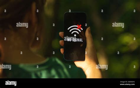 Mobile Phone Without Signal No Service Screen Girl In The Forest With Smartphone Searching