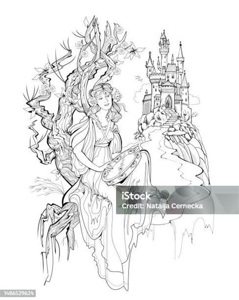 어린이와 성인을 위한 색칠하기 책 성 근처의 나무 아래에 앉아 있는 아름다운 중세 소녀 젠탱글 스타일의 그림입니다 그림과 명상을