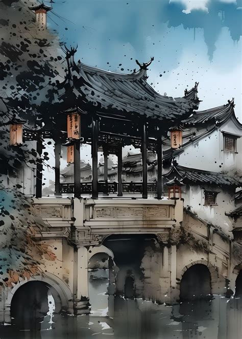 Ink Painting Jiangnan Water Town Chinese Landscape Painting