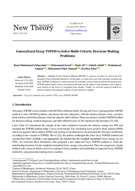 Pdf Generalized Fuzzy Topsis To Solve Multi Criteria Decision Making