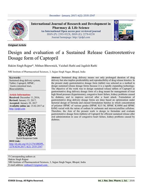 Pdf Design And Evaluation Of A Sustained Release Gastroretentive Dosage Form Of Captopril