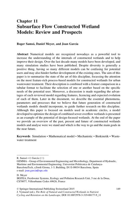 Pdf Subsurface Flow Constructed Wetland Models Review And Prospects