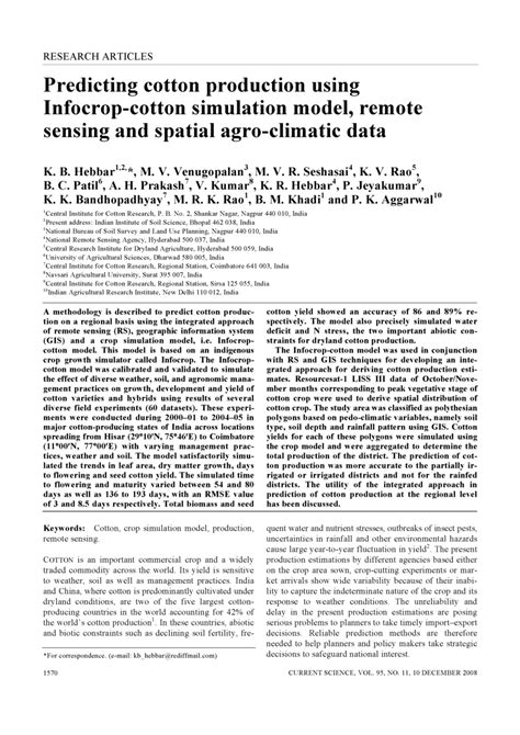 Pdf Predicting Cotton Production Using Infocrop Cotton Simulation Model Remote Sensing And