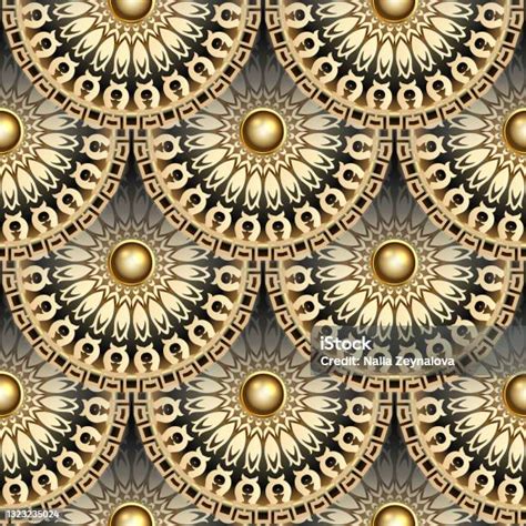 3d 라운드 플로럴 만다라스 매끄러운 패턴 벡터 장식 보석 배경 데코 배경을 반복합니다 아름다운 타일 황금 장식 3d 버튼 그리스 민족 스타일의 화려한 디자인 끝없는 질감