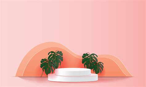 쇼케이스 녹색 배경을위한 3d 기하학적 연단 모형 잎 열대 자연 개념 설정 추상 최소 장면 제품 프리젠 테이션 여름에 대한 스톡 벡터 아트 및 기타 이미지 Istock