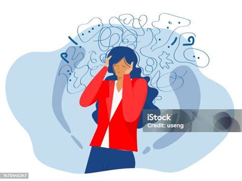 여자는 강박 관념 두통 해결되지 않은 문제 심리적 외상 우울증으로 고통받습니다 정신 스트레스 공황 마음 장애 일러스트 플랫 벡터