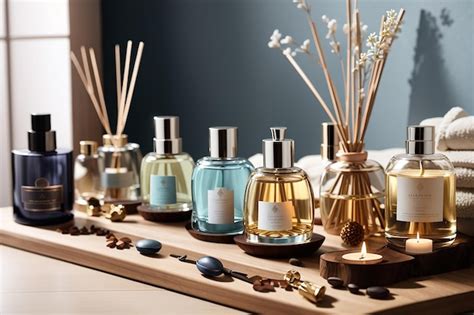 Premium Photo A Lineup Of Luxury Home Fragrances And Diffusers On The Wooden Board Contrasting