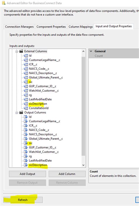 How Do You Refresh The Unmapped Input Columns In Ssis The Field Exists