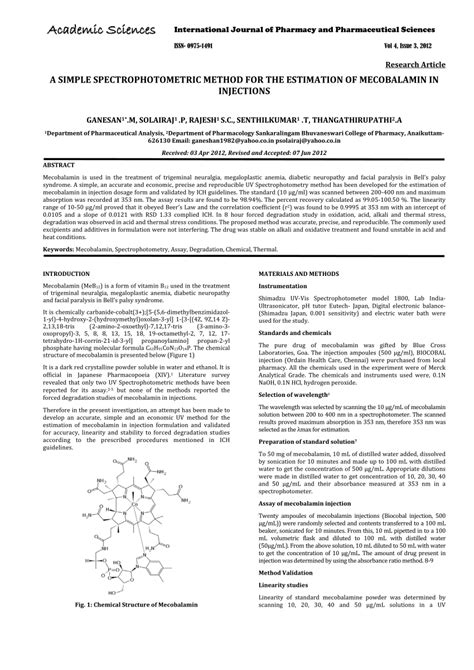 Pdf A Simple Spectrophotometric Method For The Estimation Of Mecobalamin In Injections