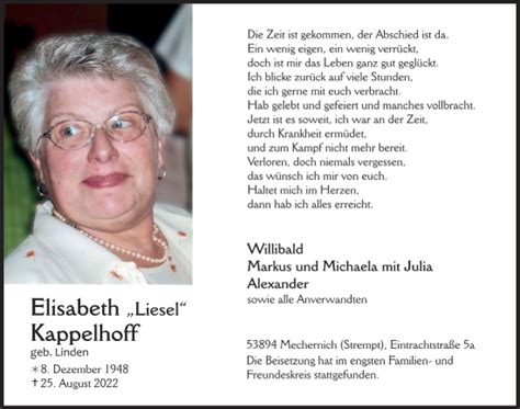 Traueranzeigen Von Elisabeth Kappelhoff Wirtrauern