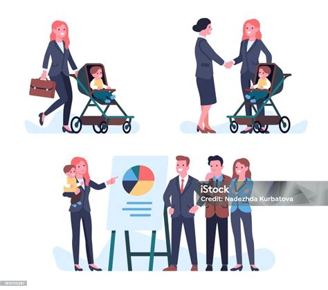 직장에서 유모차를 끌고 성공한 사업가 사무실에 있는 자녀 유모차를 밀고 있는 직원 프로젝트 프레젠테이션 화이트보드에서 유아와 함께 있는 관리자 파트너 악수 벡터 개념 개념에