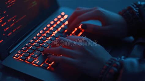 Close Up Of Hands Typing On A Laptop With Red Backlit Keyboard At Night