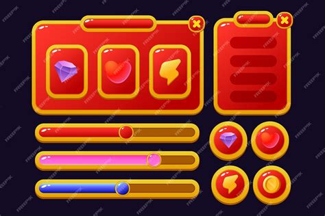 premium vector set of game assets menu buttons popup screens and settings buttons red and yellow