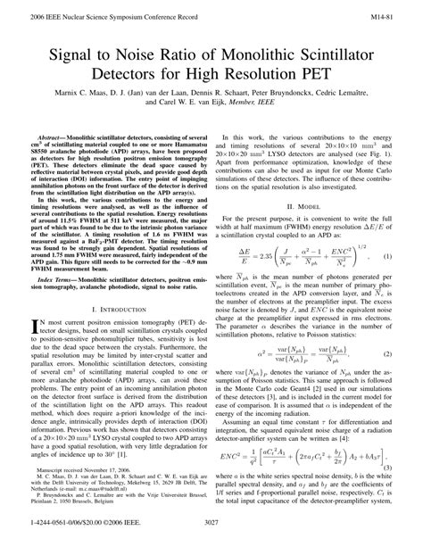 Pdf Signal To Noise Ratio Of Apd Based Monolithic Scintillator