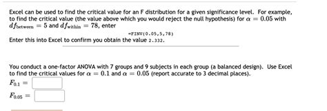 Solved Excel Can Be Used To Find The Critical Value For An F Distribution For A Given