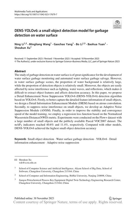 DENS YOLOv A Small Object Detection Model For Garbage Detection On Water Surface