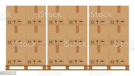 나무가 우거진 깔 판에 있는 상자 상자 공장 창 고 저장에 있는 골 판지 상자를 가진 목 제 깔 판 편평한 작풍 창 고 마분지 소포 상자 더미 포장 화물 3d 상자 브라운에
