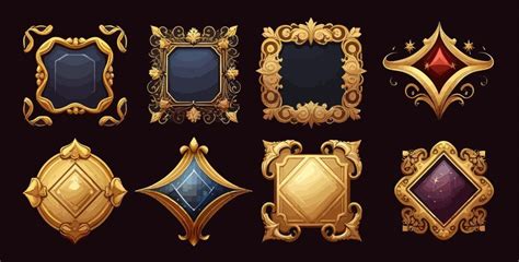 중세 스타일의 빈 사각형 골든 프레임 게임을 위한 아름다운 템플릿 배경 벡터에 격리된 플랫 만화 그림 프리미엄 벡터