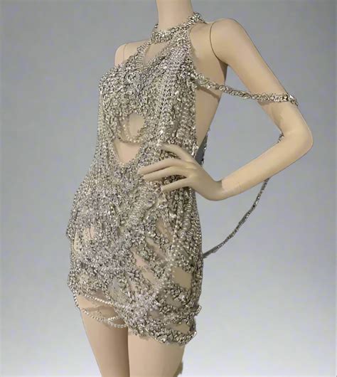 Body Chain Mini Dress Luxury Crystal Mesh Prom Dress With Rhinestone