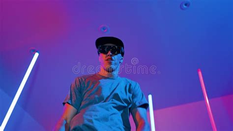 Low Angle Camera Of Caucasian Dancer Wear Fancy Glasses And Dance