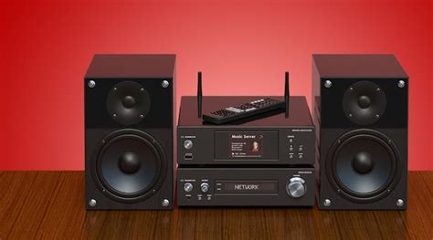 premium photo home stereo system on the wooden table 3d rendering