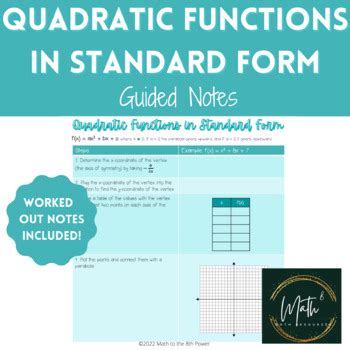 Quadratic Functions In Standard Form Guided Notes Algebra TPT