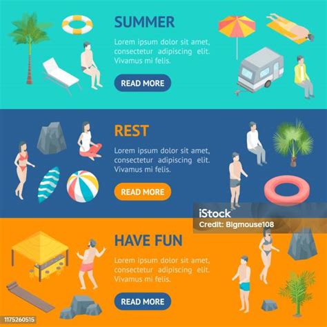 해변 나머지 개념 배너 수평 세트 3d 등각 투영보기입니다 벡터 3차원 형태에 대한 스톡 벡터 아트 및 기타 이미지 3차원 형태 개념 개체 그룹 Istock