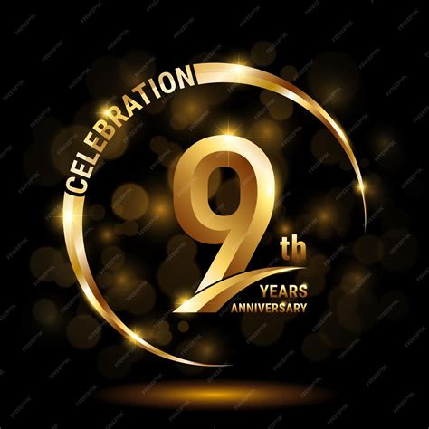 금반지와 황금 숫자 로고 벡터 템플릿이 포함된 9주년 축하 로고 디자인 프리미엄 벡터