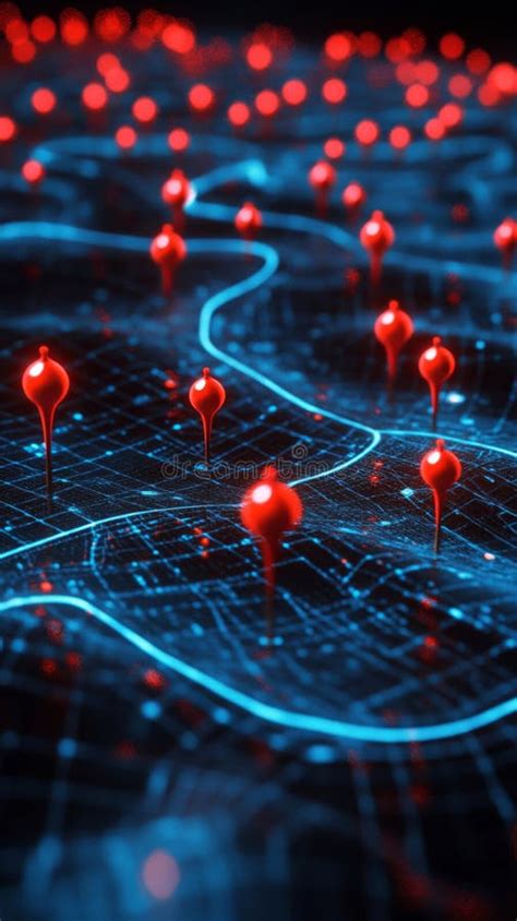 Digital Map With Glowing Red Location Pins And Blue Circuit Lines Futuristic Navigation Concept