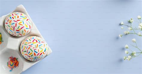 최소 스타일 부활절 세로 배너 템플릿입니다 화려한 부활절 달걀 봄 꽃 파란색 배경에 토끼로 만든 프레임 플랫 레이 평면도 복사 공간 사진 Unsplash의