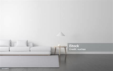 어두운 라미네이트 바닥에 나무 가구와 함께 스 칸디 나 비아 스타일에서 화이트 거실의 보기 최소한의 디자인과 아키텍처의 관점입니다 3d 렌더링입니다 0명에 대한 스톡 사진