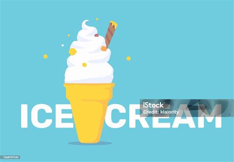파란색 배경에 텍스트와 와플 컵바닐라 아이스크림의 벡터 만화 색상 그림 냉동된에 대한 스톡 벡터 아트 및 기타 이미지 냉동된 사탕 스낵 Istock