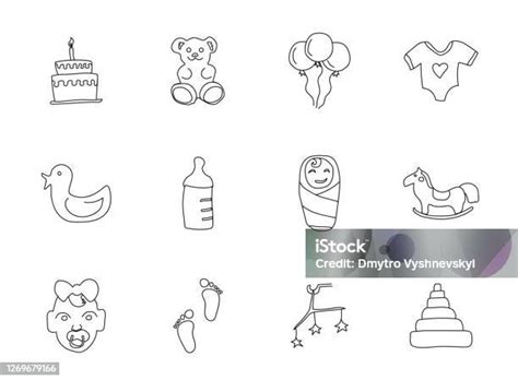 흰색 배경에 격리 된 아기 손으로 그린 선형 벡터 아이콘 웹 및 Ui 디자인 모바일 앱 및 인쇄 제품을 위한 베이비 낙서 아이콘
