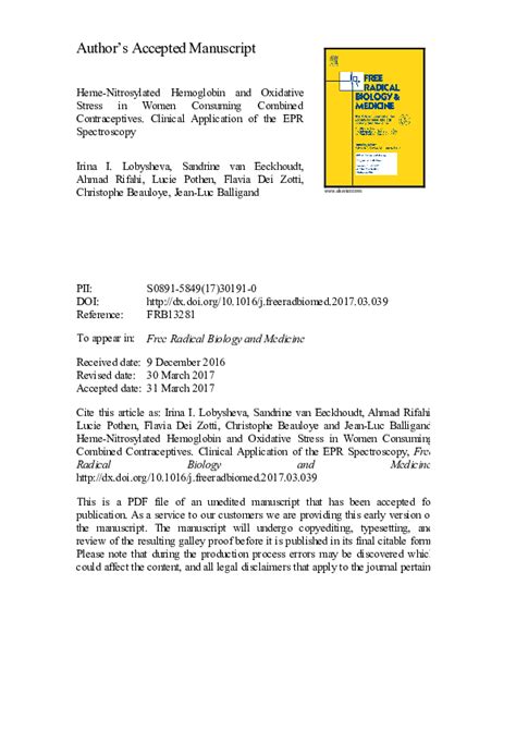 Pdf Heme Nitrosylated Hemoglobin And Oxidative Stress In Women Consuming Combined