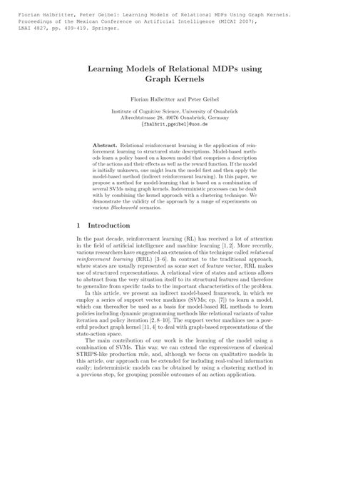 Pdf Learning Models Of Relational Mdps Using Graph Kernels