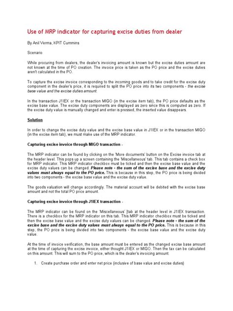 Use Of Mrp Indicator For Capturing Excise Duties From Dealer Download Free Pdf Invoice
