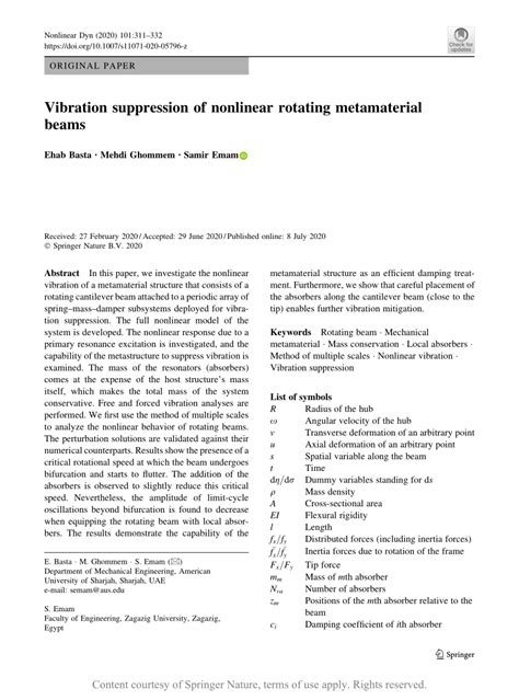 Vibration Suppression Of Nonlinear Rotating Metamaterial Beams Request Pdf