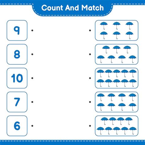 세어보고 일치하고 우산의 수를 세고 올바른 숫자와 일치시킵니다 교육 어린이 게임 인쇄용 워크시트 벡터 일러스트 레이 션 프리미엄 벡터