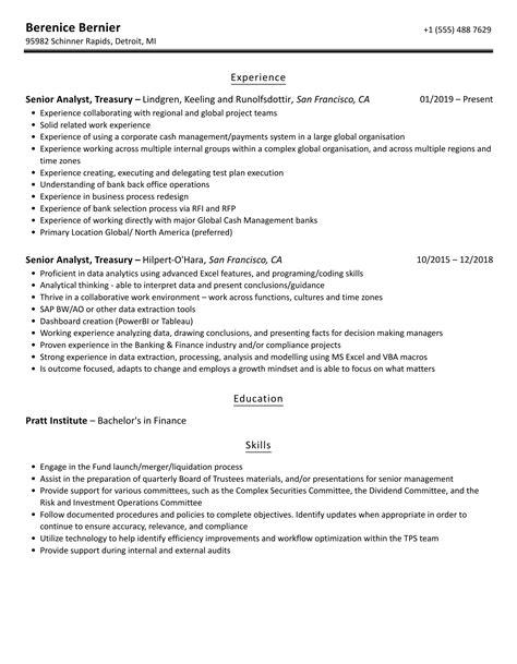 Senior Analyst Treasury Resume Samples Velvet Jobs